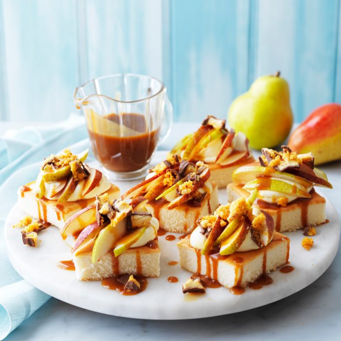 Mini sponge cakes with pears and salted caramel sauce | Australian Pears