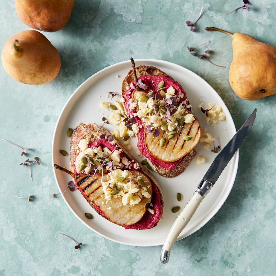 Grilled Beurré Bosc pear on beetroot hummus toast | Australian Pears